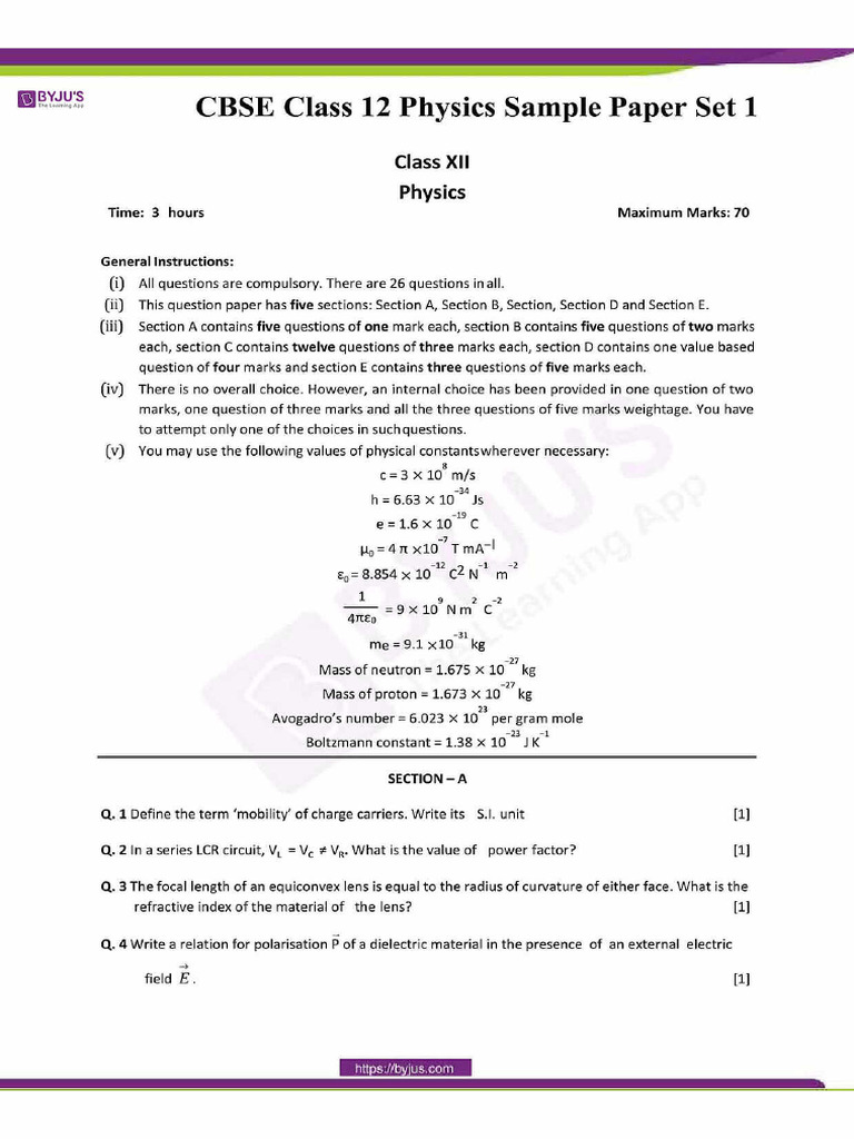 Cbse Class 12 Physics Sample Paper Set 1 1 | PDF
