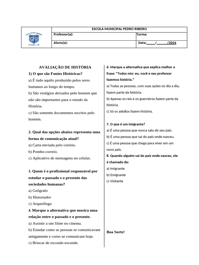 Avaliação de História e Geografia 2024 | PDF | Mistura | Evaporação