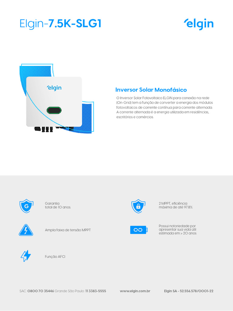 ELGIN Datasheet Inversor ELGIN-7.5K SLG1. 1 | PDF | Fotovoltaica ...
