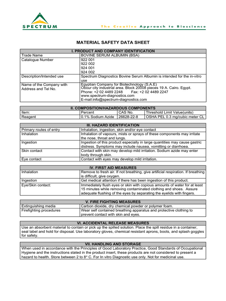 Bovine Serum Albumin Bsa Msds | PDF | Dangerous Goods | Personal ...