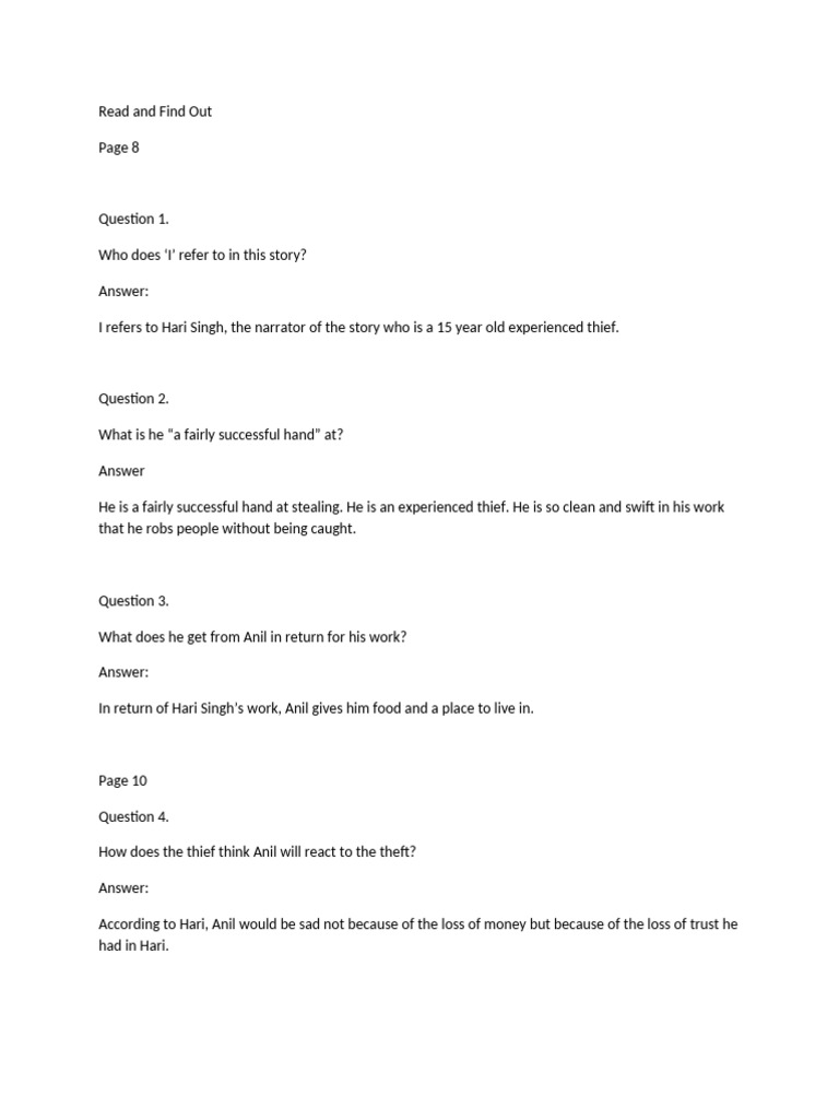 Question Answer of 'The Thief's Story' | PDF | Theft