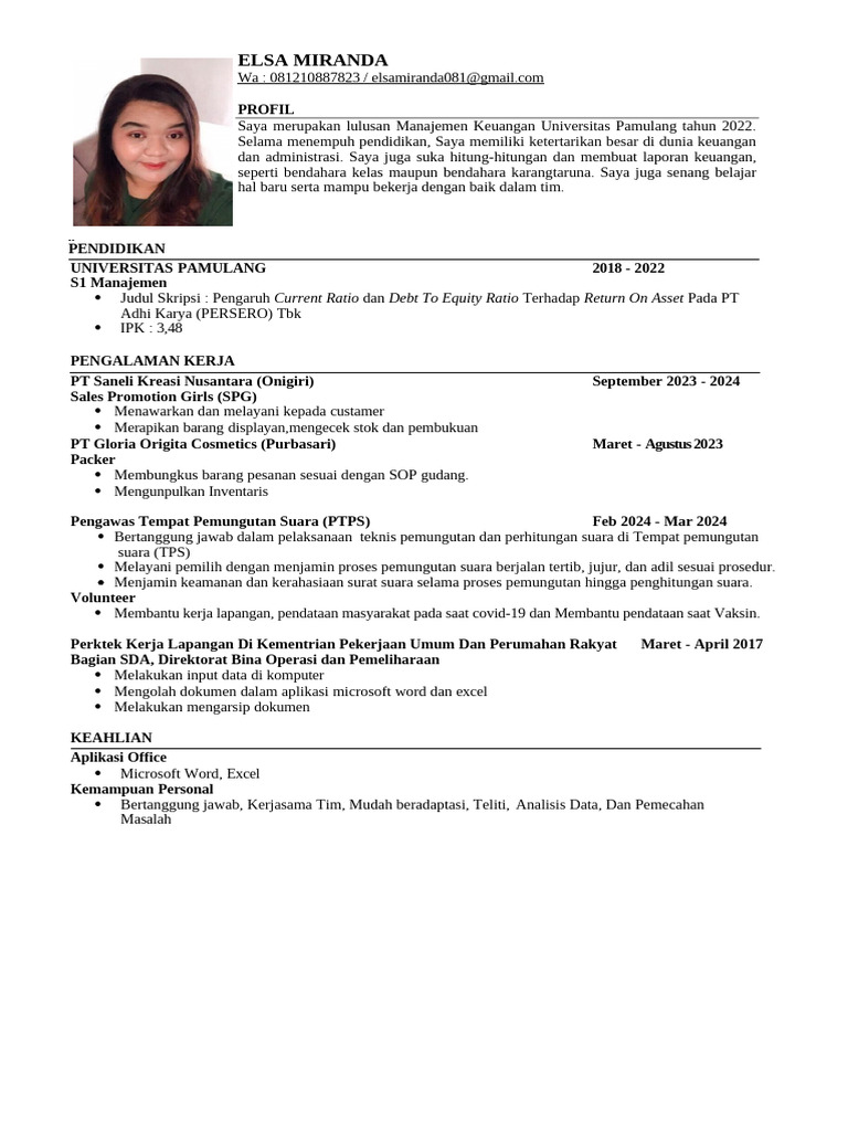 Salin CV Dan Surat Lamaran Elsa Miranda | PDF