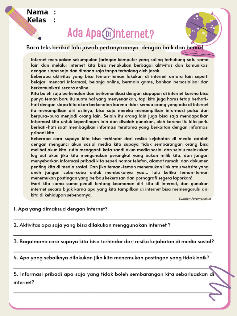 Back To School Reading Comprehension Worksheet in Pink White Simple ...