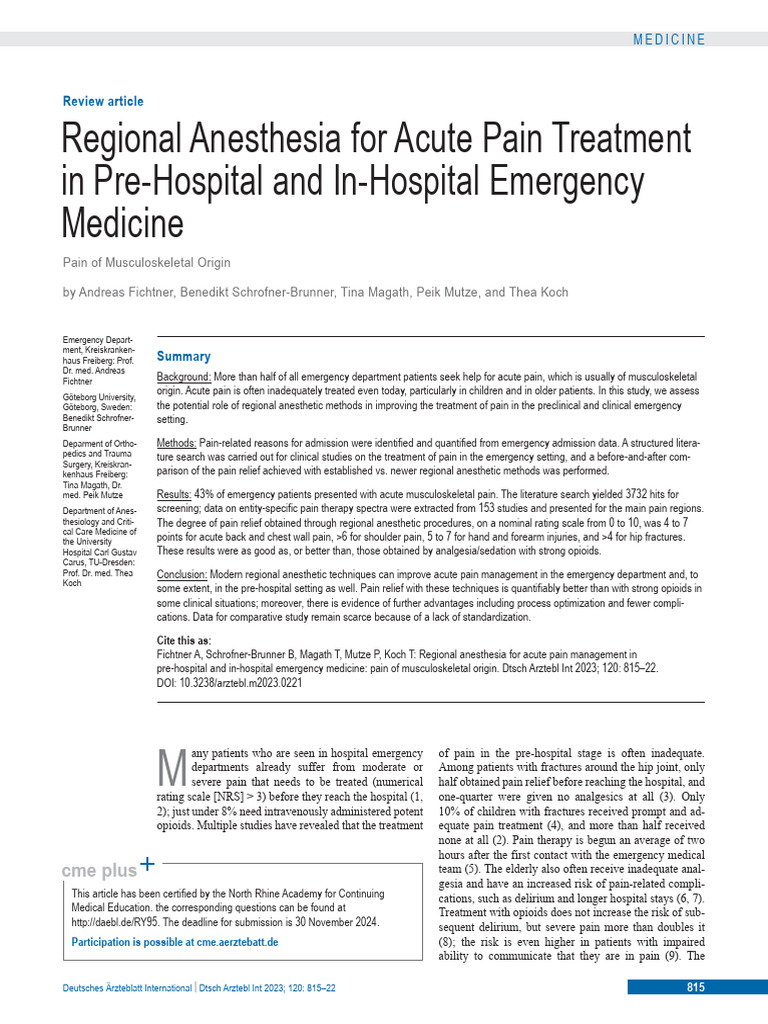 Regional Anesthesia For Acute Pain Treatment in Pre-Hospital and in ...