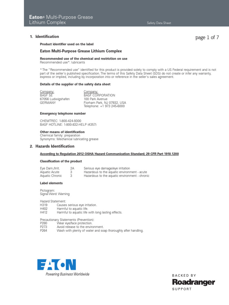 Eaton Multi Purpose Grease Safety Data Sheet Tcsl0029 | PDF | Hazards ...