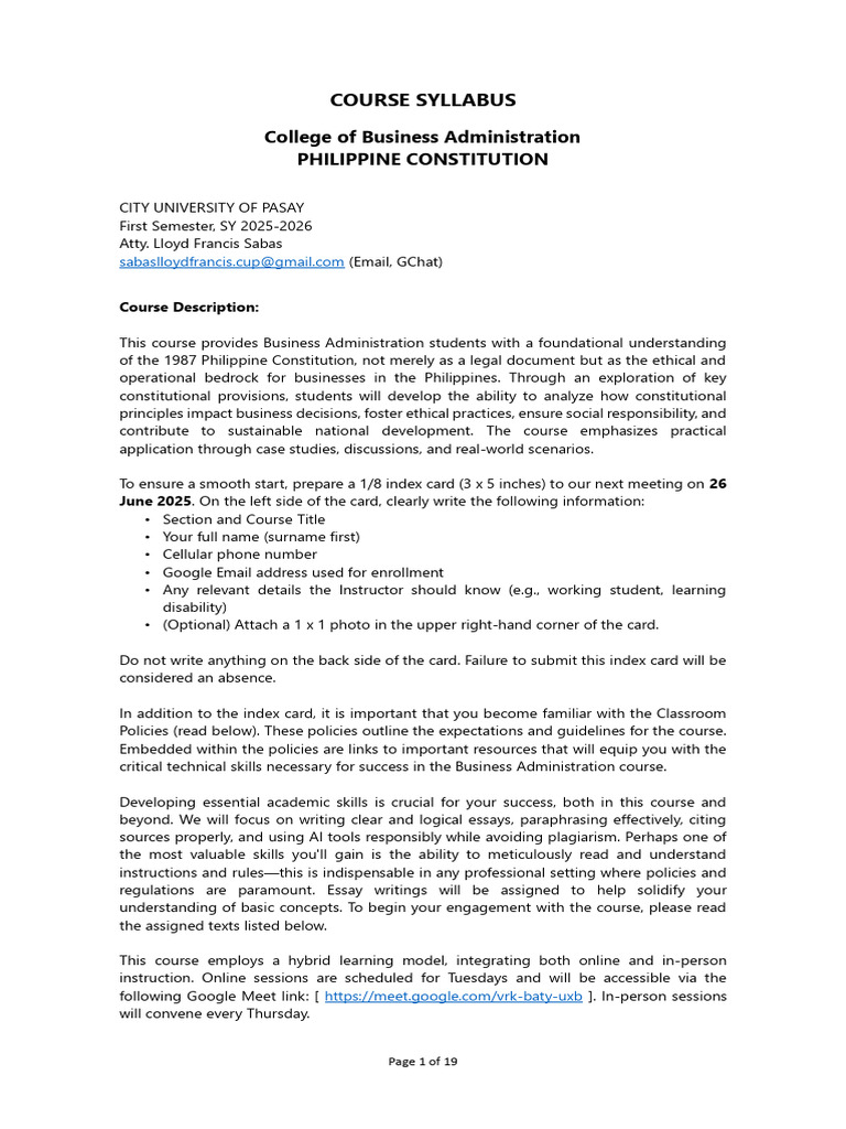 Philippine Constitution Course Syllabus | PDF | Academic Dishonesty | Plagiarism