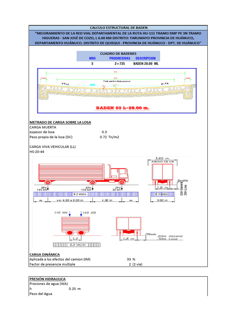 Cálculo Estructural de Baden en Huánuco | PDF | Hormigón | Ingeniero civil