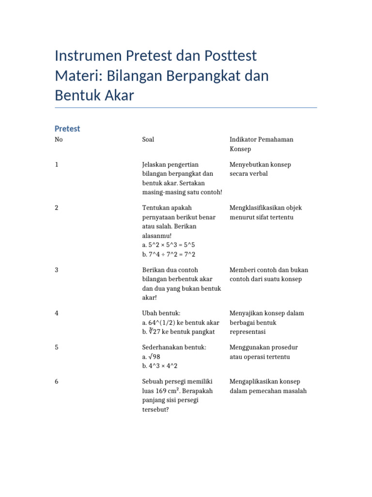 Soal Pretest dan Posttest Akar Matematis | PDF