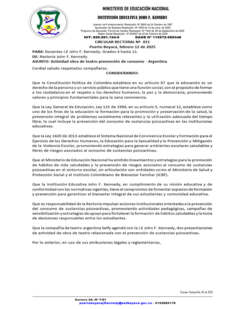 11 - Circular No. 11. Actvididad Obra de Teatro Prevención de Consumo | PDF