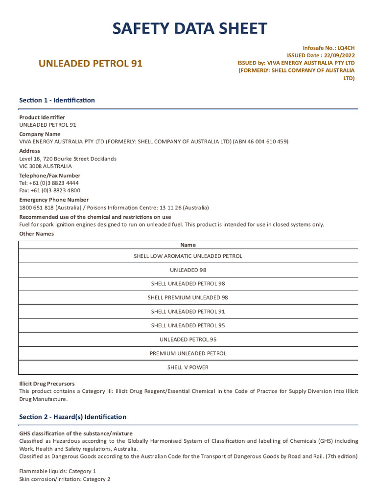 Unleaded Petrol SDS | PDF