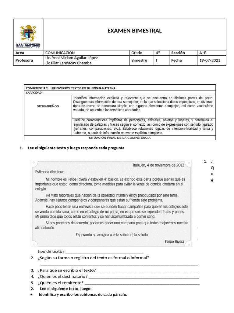 Examen Bimestral Comunicaciòn 4to Epm Ok | PDF | Biodiversidad | Lingüística