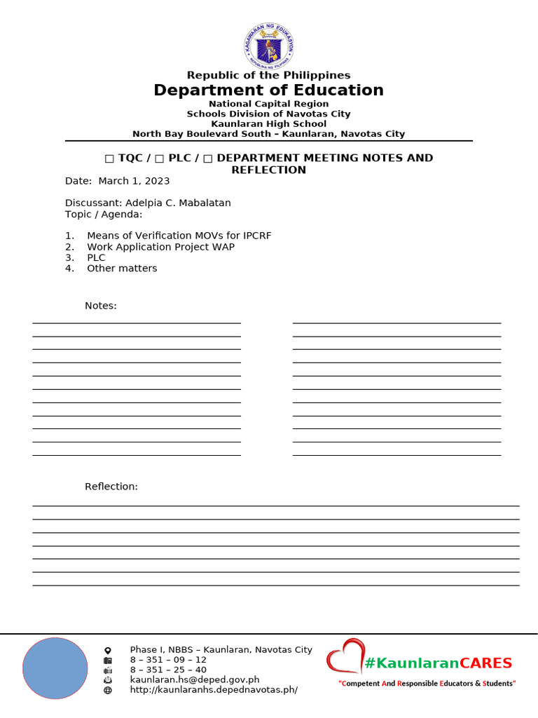 TQC PLC Meeting Notes and Reflection Mabalatan | PDF | Learning | Cognition