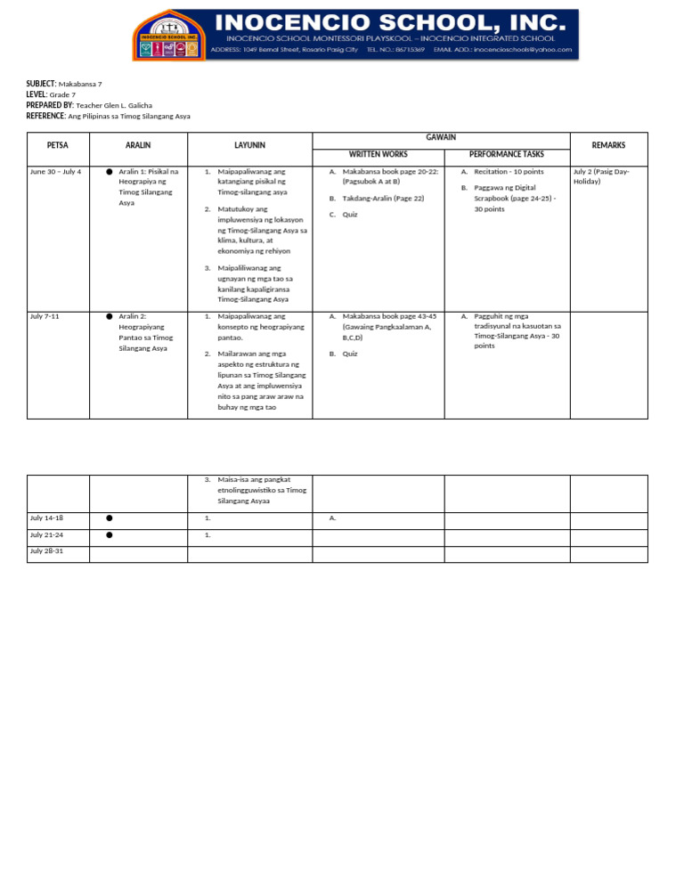 Grade 7 Makabansa Working Plan | PDF