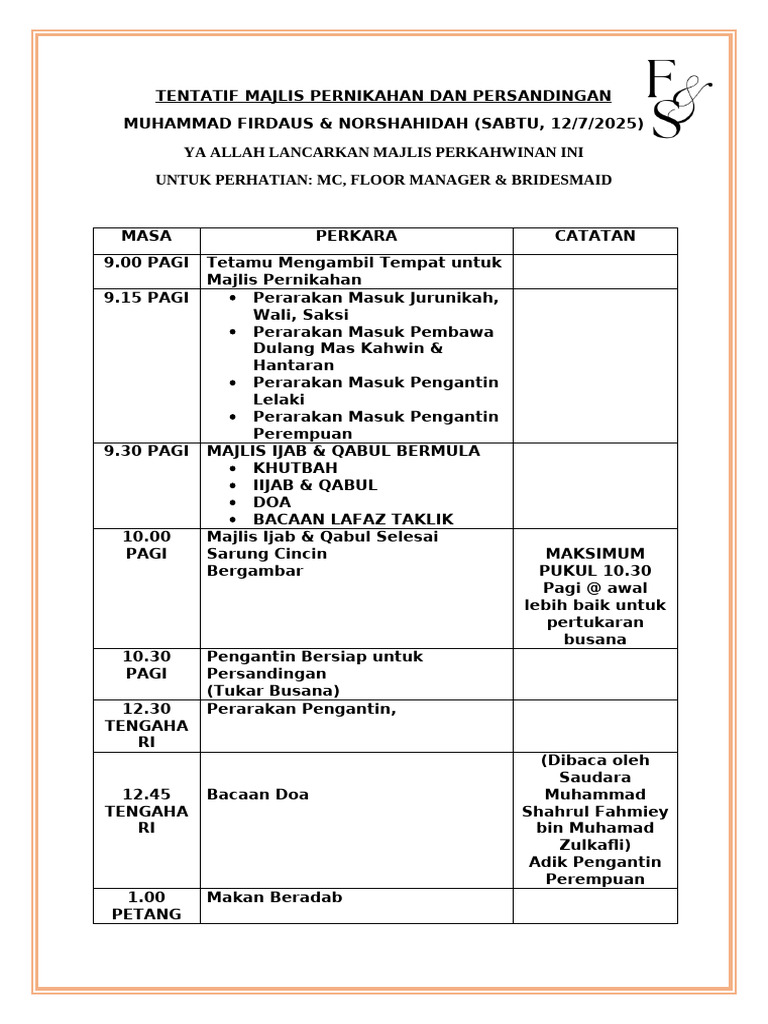 Tentatif Majlis Pernikahan 2025 | PDF