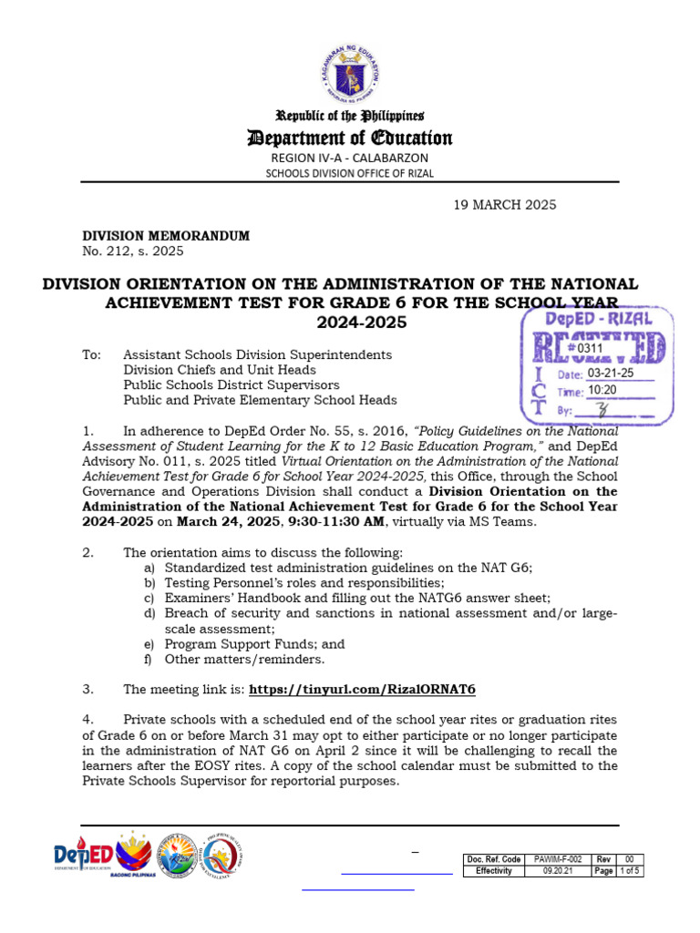 Division Memorandum No. 212, S. 2025 | PDF
