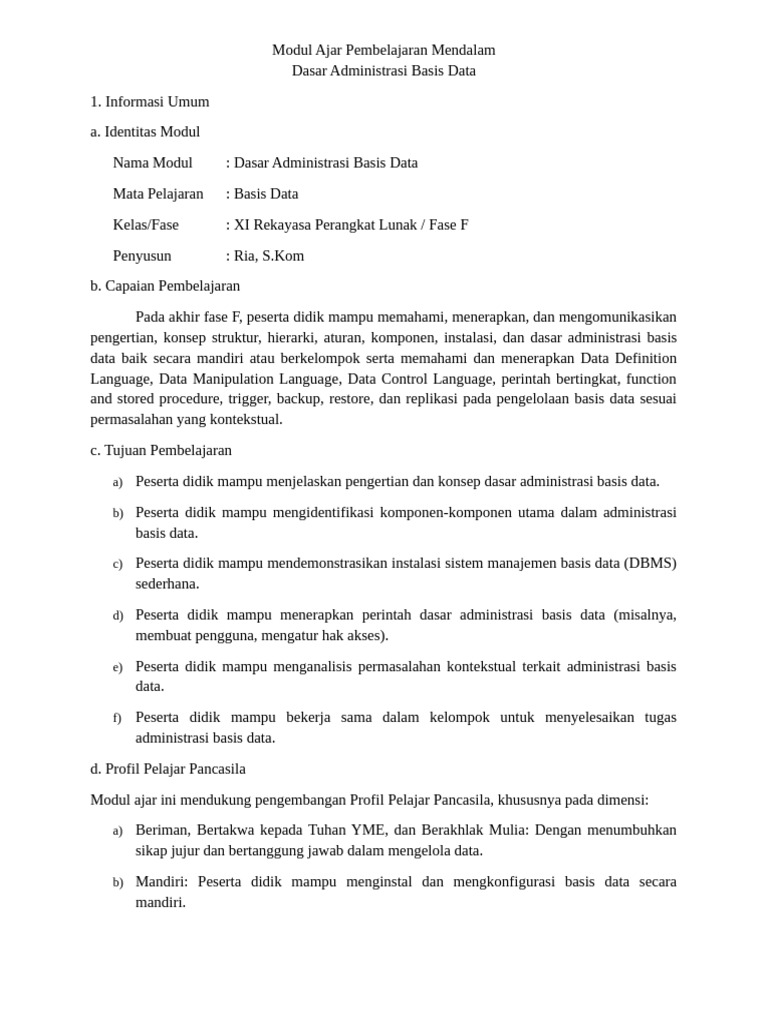 Deep Learning Dasar Administrasi Basis Data | PDF