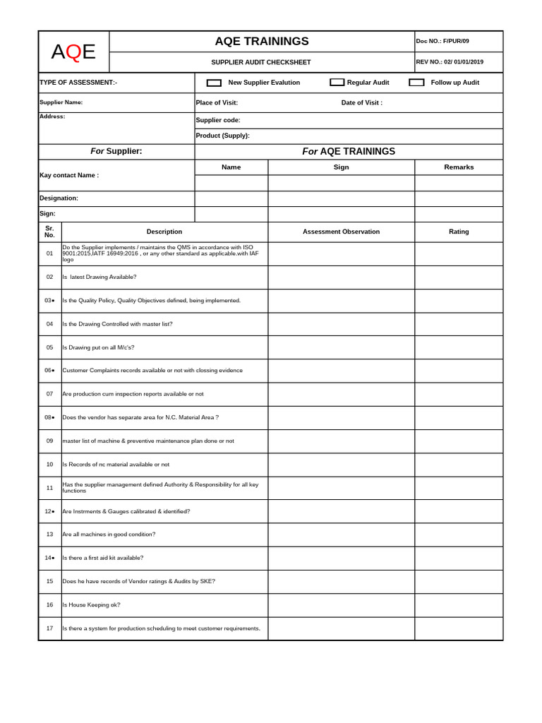Supplier Audit Checklist F/PUR/09 | PDF | Audit | Business