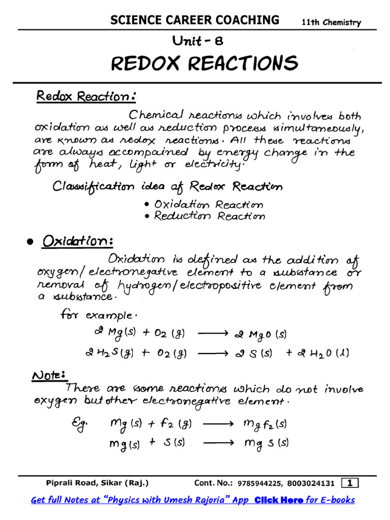 Redox Reactions Notes - 11th Chemistry | PDF