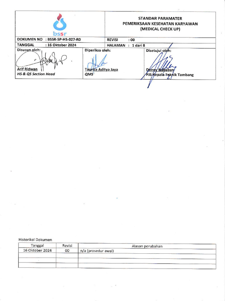 BSSR-SP-HS-027 - Standar Parameter Pemeriksaan Kesehatan (MCU) | PDF