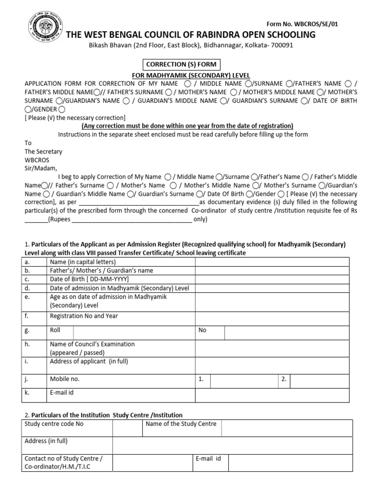 Madhyamik Name Correction Form | PDF