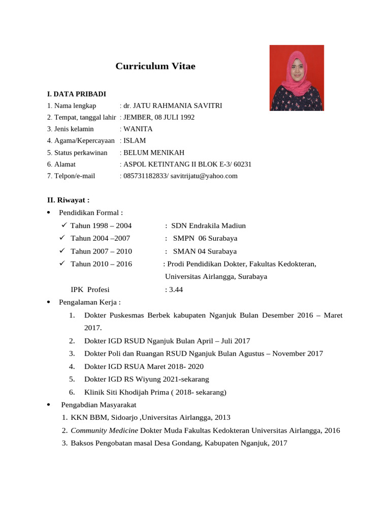 CV dr. Jatu Rahmania Savitri | PDF