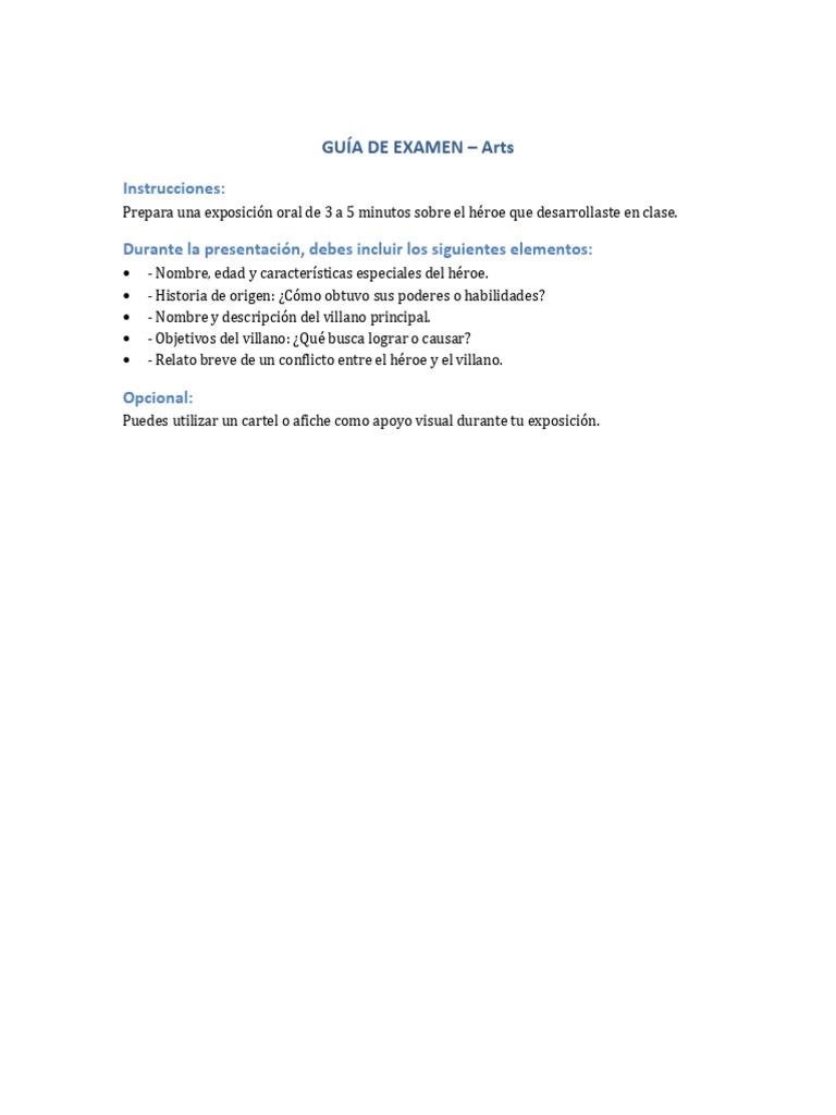 Examen de Artes: Presentación de Héroes | PDF