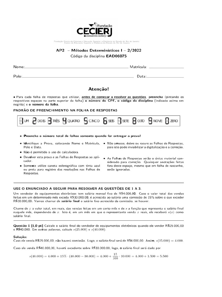AP2 Metdet1 2022 2 Gabarito | PDF