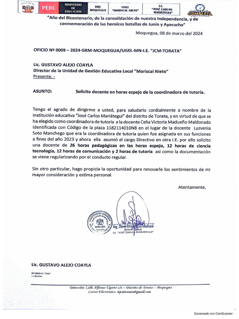 Oficio Solicitando Docente Faltante en Horas Espejo | PDF