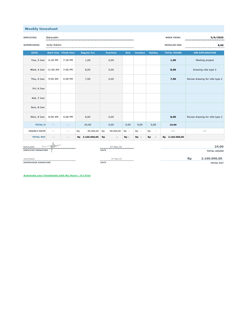 Weekly Timesheet Template - My Hours - MR Jordy Project - 030625 | PDF ...