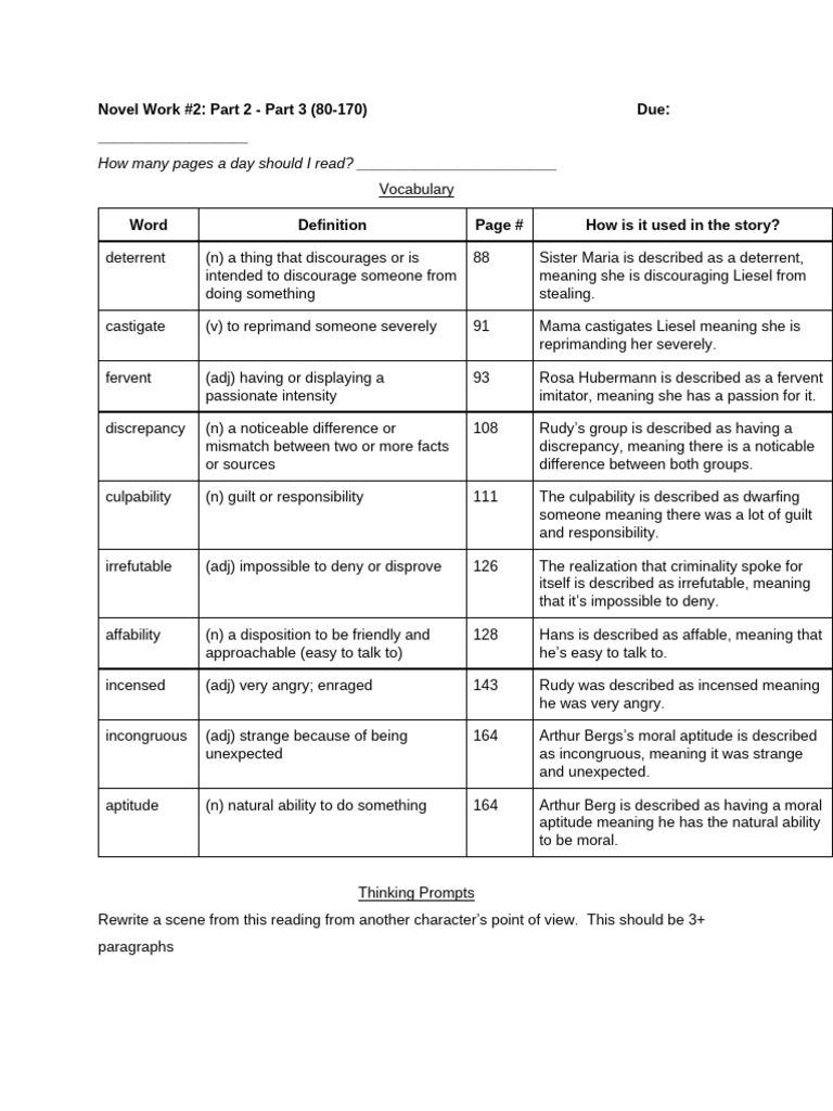 Book Thief Novel Work #2 - Part 2 - Part 3 (80-170) | PDF