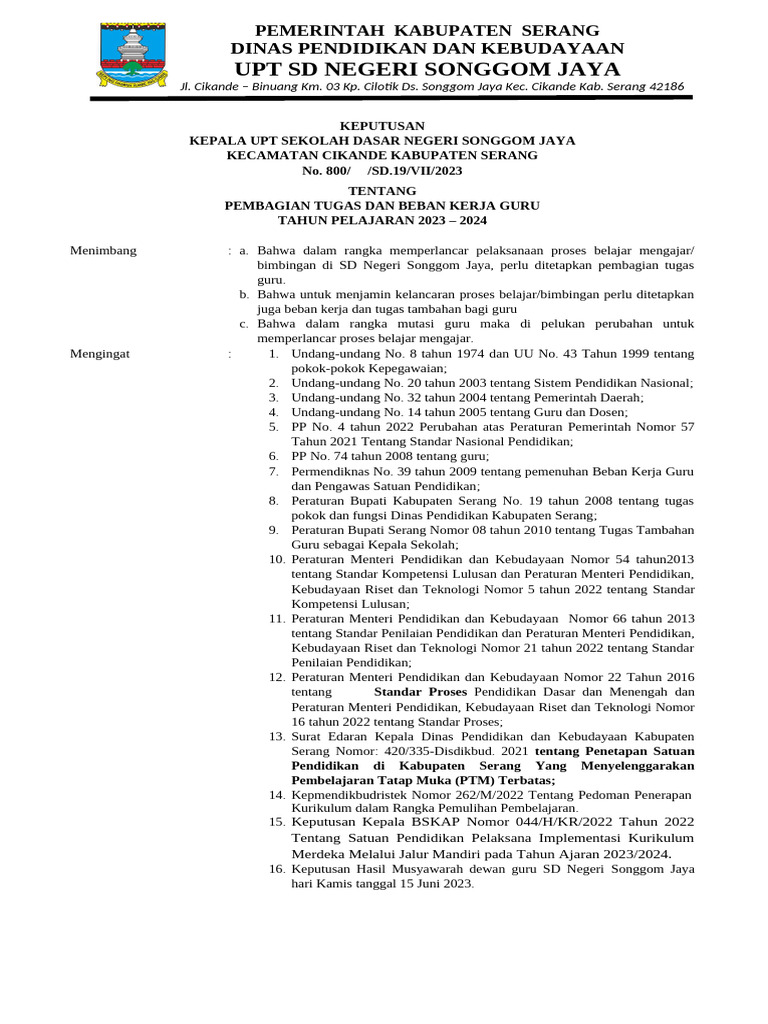 Pembagian Tugas Guru SD Songgom Jaya 2023 | PDF