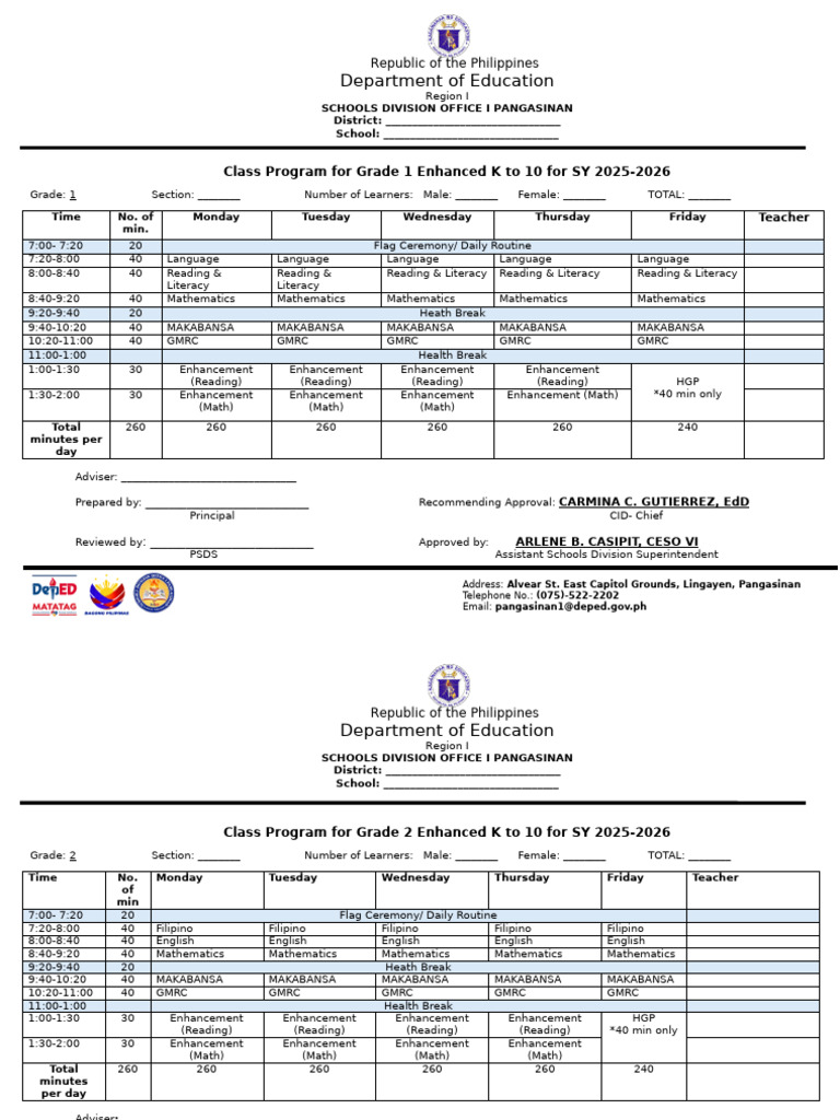 Class Program Gr. 1 10 SY 2025 2026 | PDF | Governance | Government Related Organizations