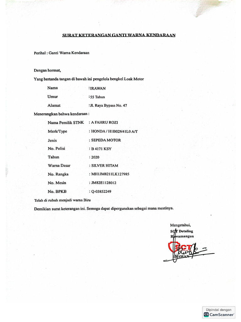 Surat Keterangan Beda Warna | PDF