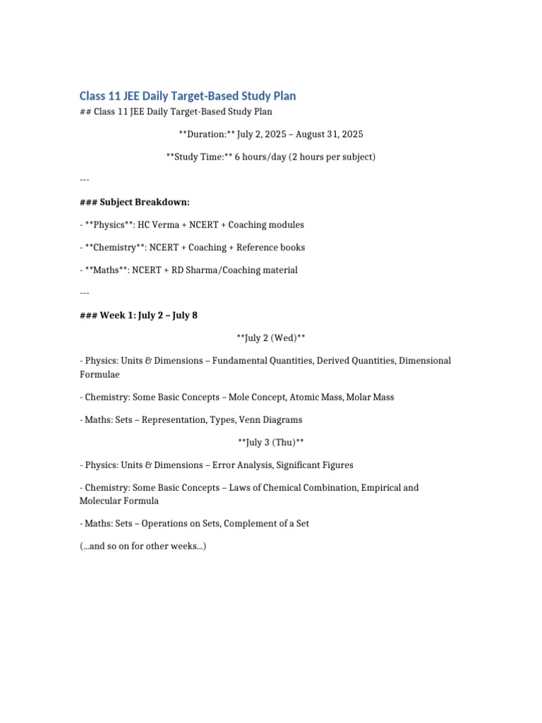 Class_11_JEE_Study_Plan_July_to_August_2025 | PDF