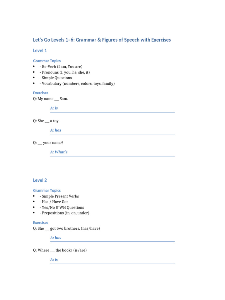 LetsGo Grammar and Figures Level1 To 6 | PDF
