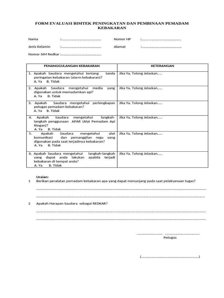Form Damkar Tahun 2024 | PDF