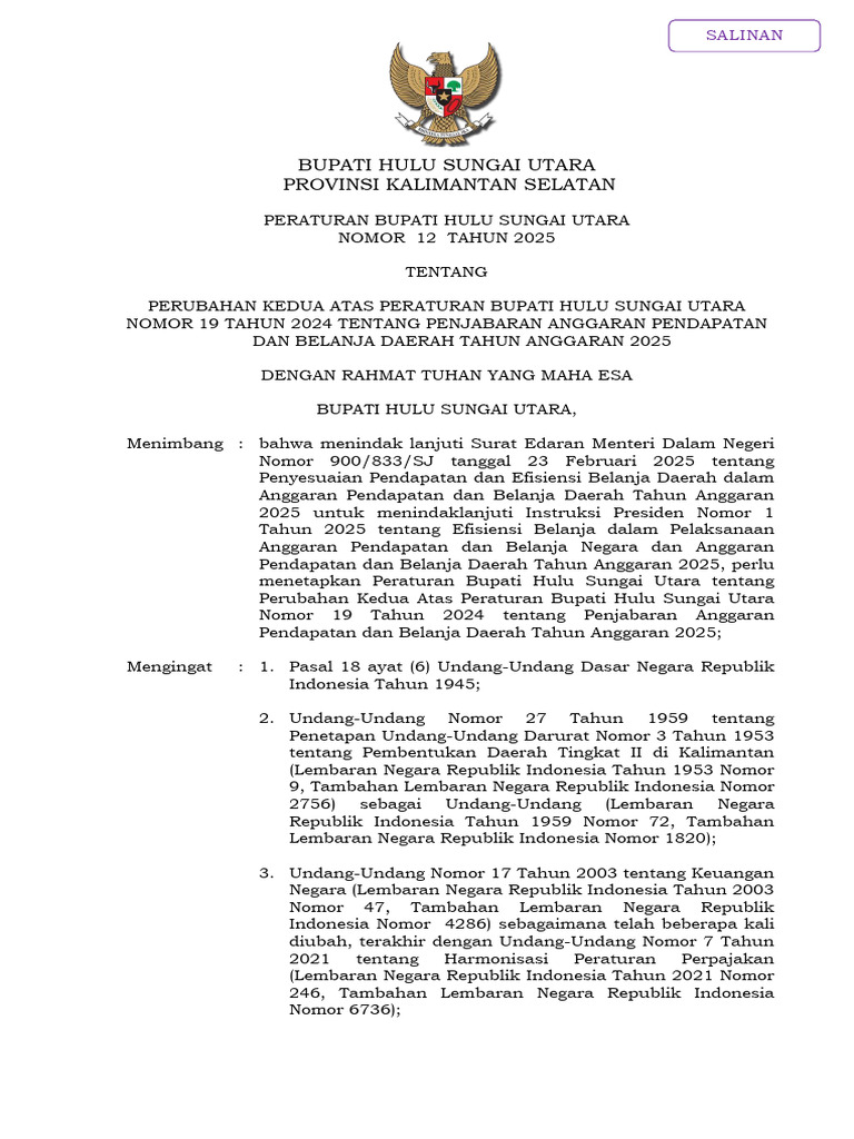 Perbup Perubahan Penjabaran Perubahan Kedua APBD 2025 - 035019 | PDF