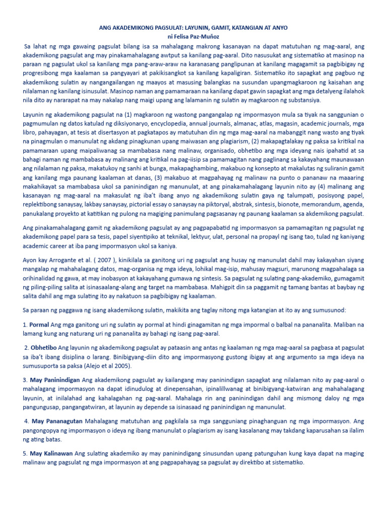 Ang Akademikong Pagsulat Layunin Gamit Katangian at Anyo | PDF