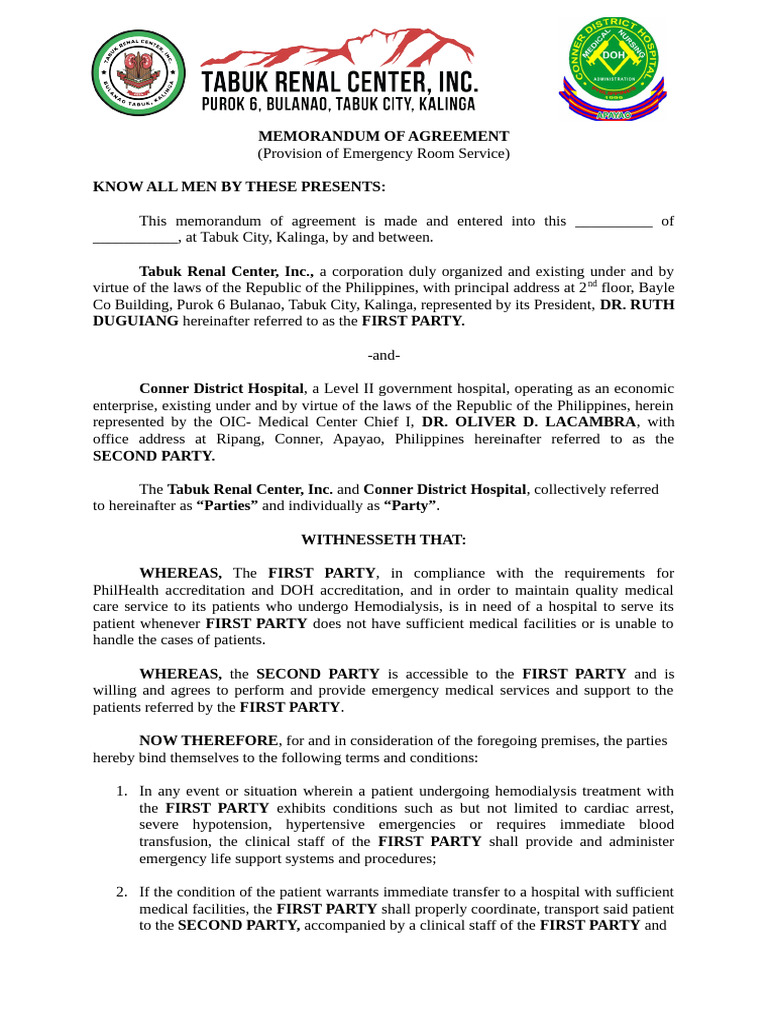 Memorandum of Aggreement CDH | PDF | Emergency | Patient