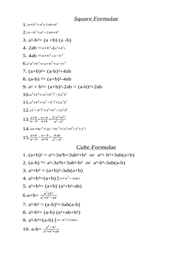 Algebraic Square and Cube Formulas | PDF