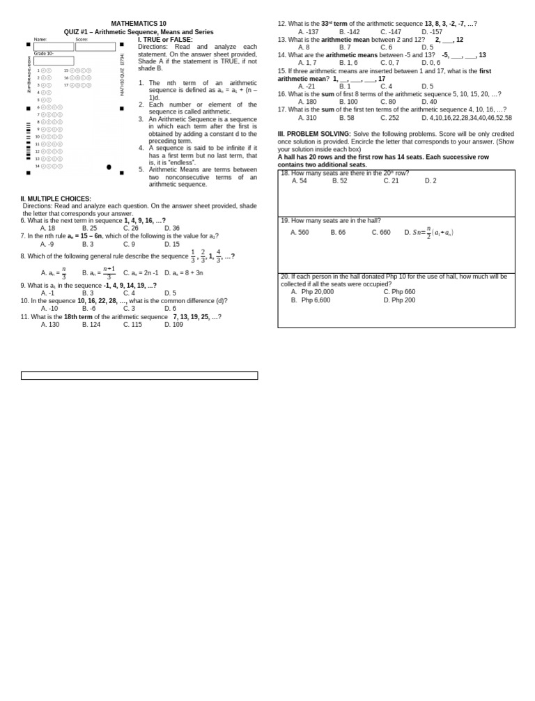 Grade 10 Arithmetic Sequence Quiz | PDF | Arithmetic | Mathematics