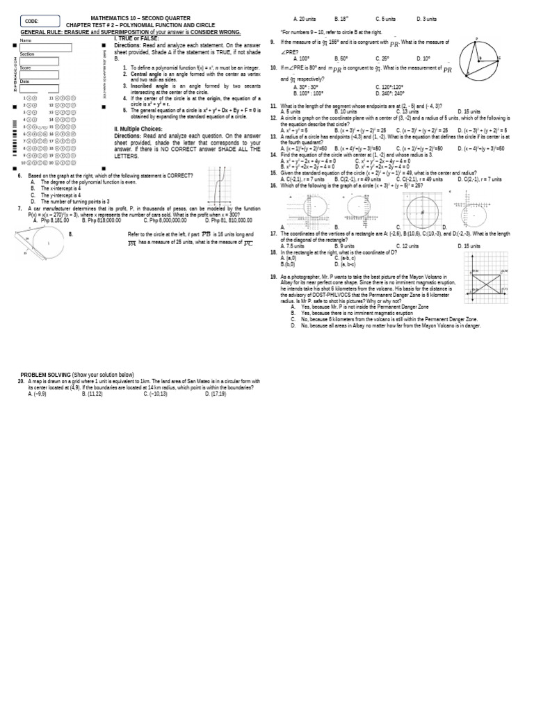 Circle Equation and Properties Test | PDF | Circle | Angle
