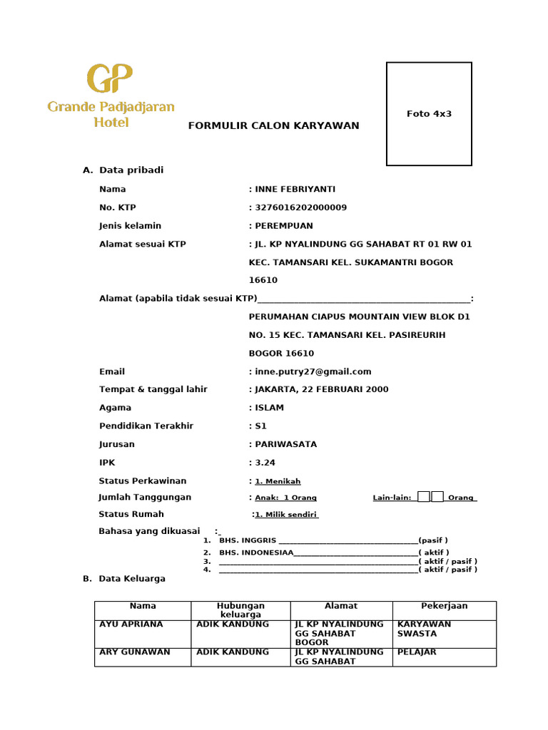 Form Calon Karyawan GPH | PDF
