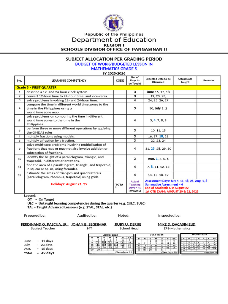 BOW - Budgeted-Lesson - G5-Math - SY 2025-2026 - 1st-Qtr | PDF | Area