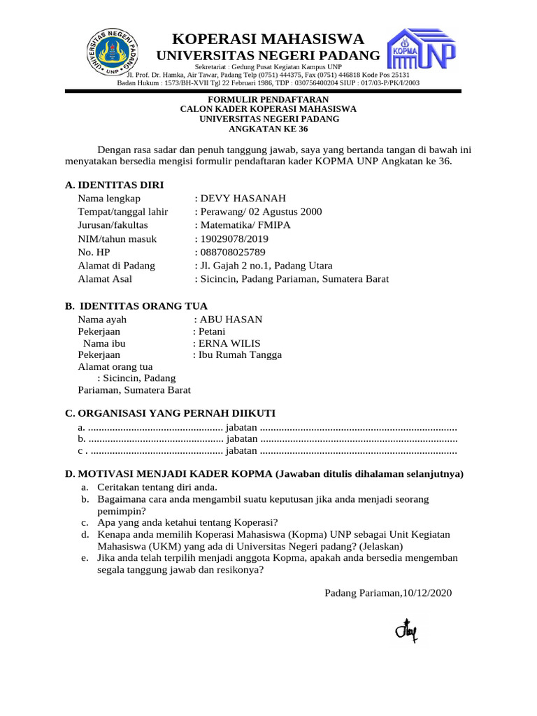 Formulir Pendaftaran Kader Kopma 36 DEVY HASANAH | PDF