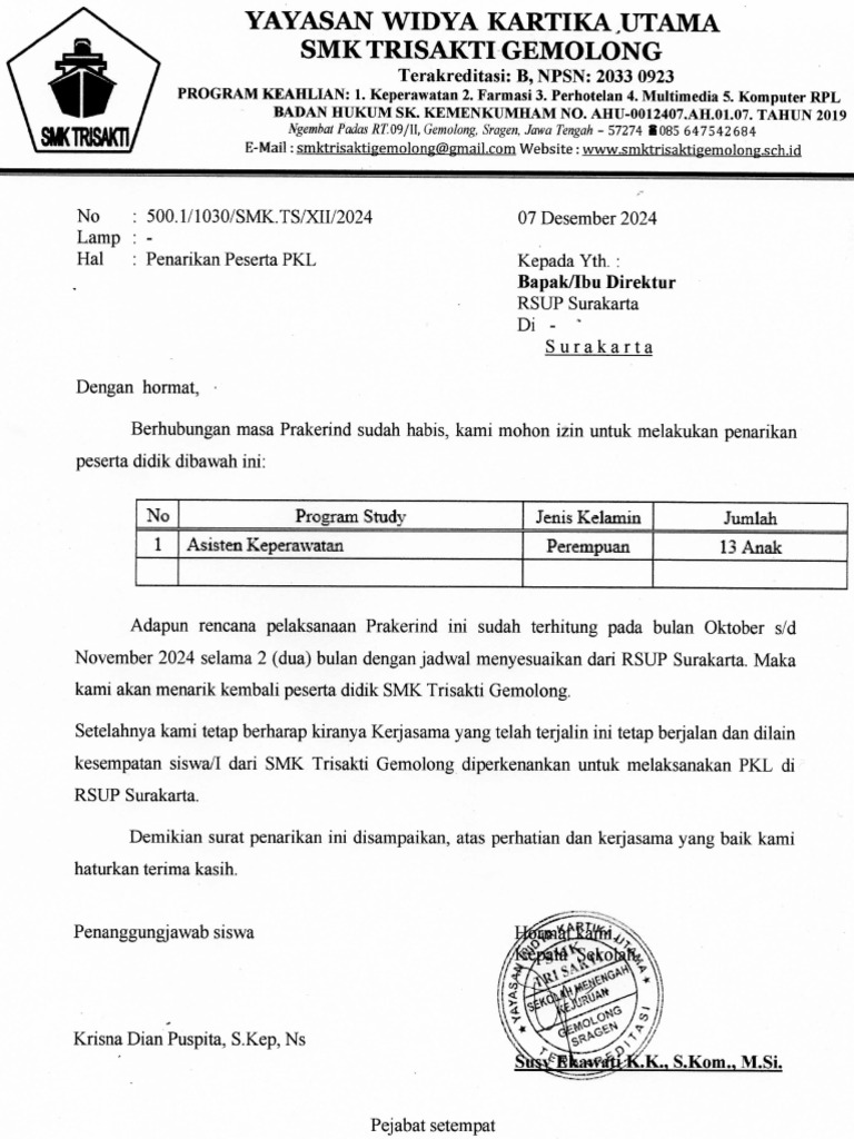 Surat Penarikan PKL RSUP Surakarta | PDF