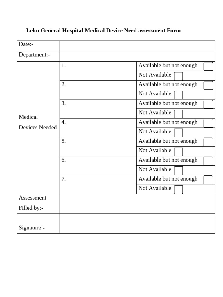 Leku General Hospital Medical Device Need Assessment Form | PDF