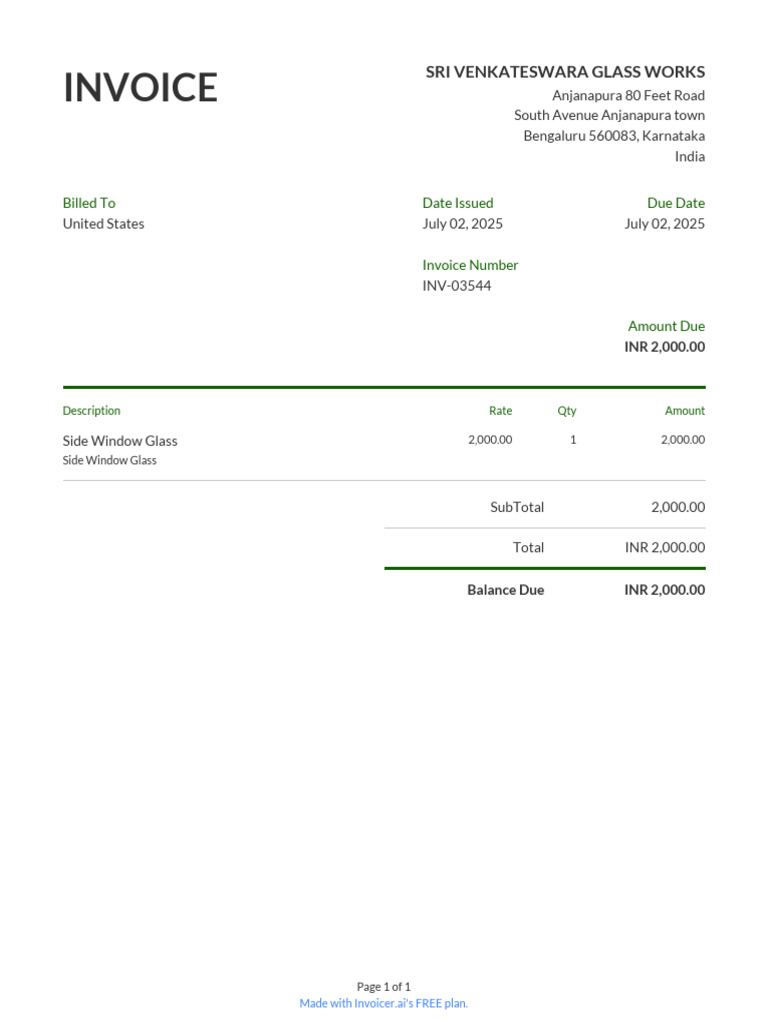 Invoice for Side Window Glass Purchase | PDF