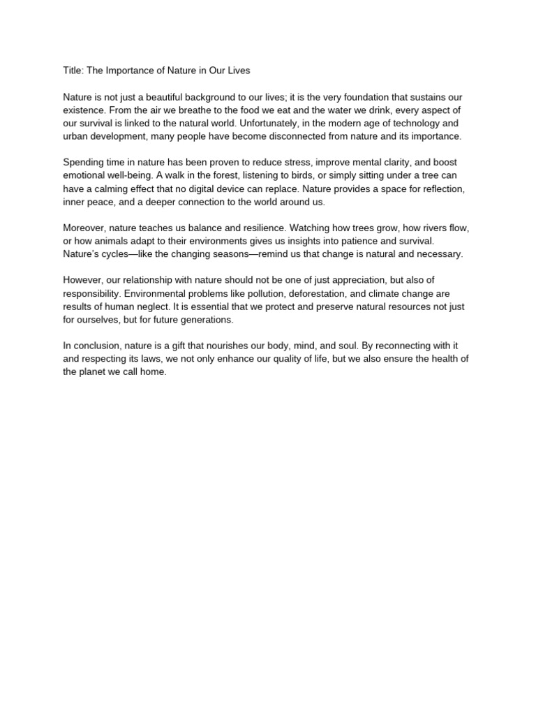Title - The Importance of Nature in Our Lives | PDF