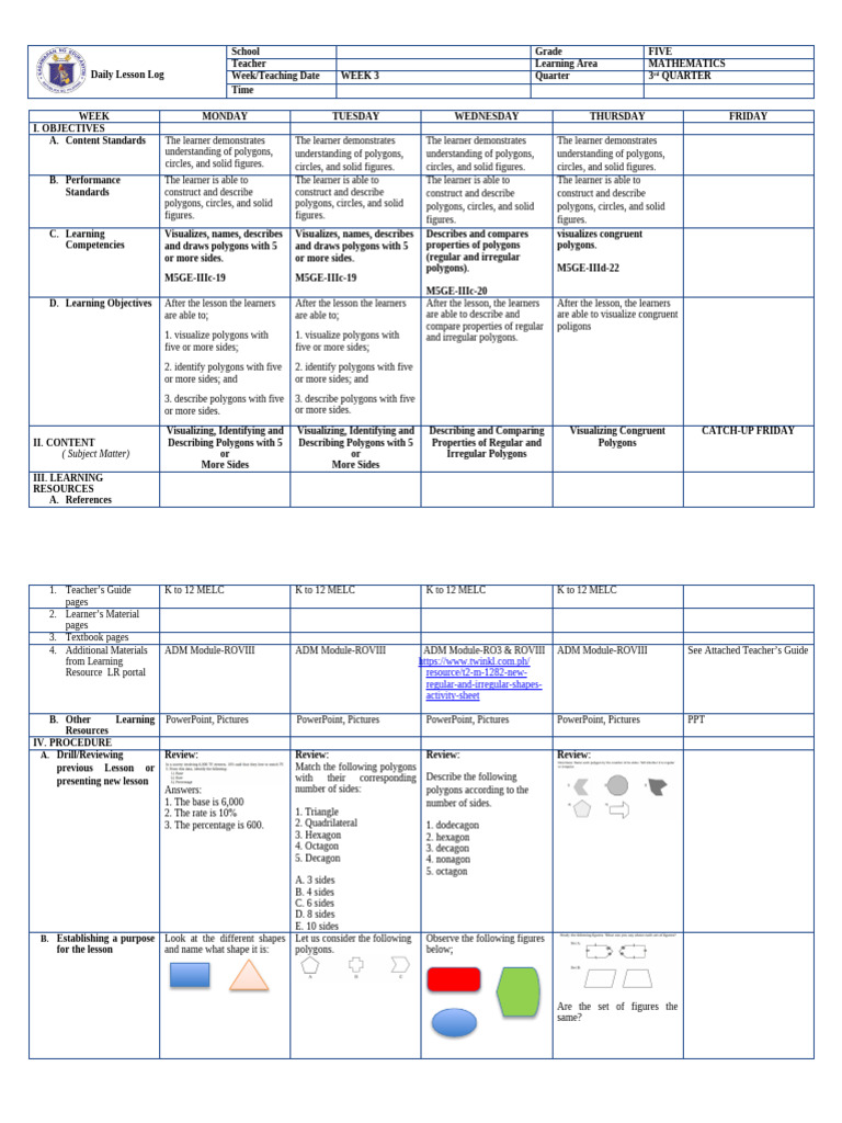 DLL WEEK 3-Q3 MATH | PDF | Shape | Triangle